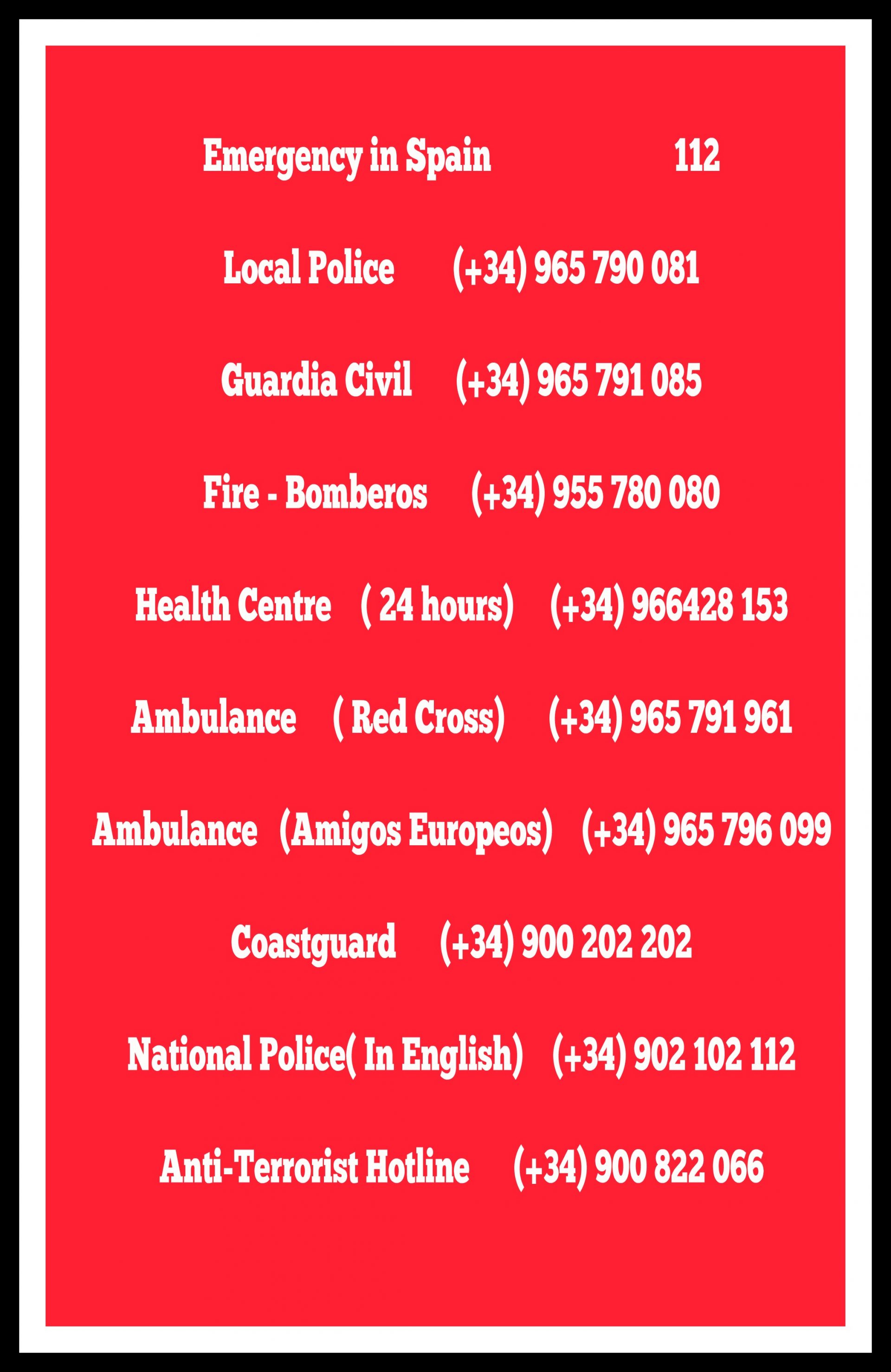 Emergency Numbers Javea and National - Javea Connect